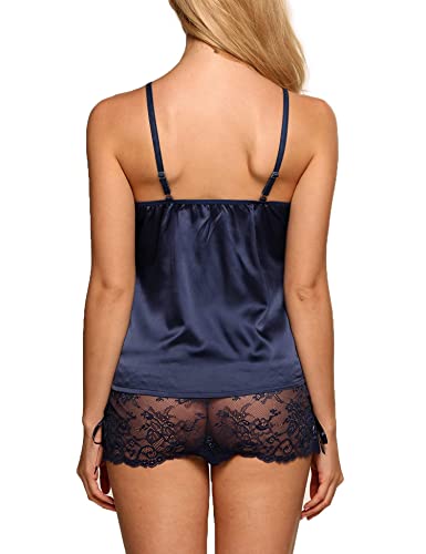 Avidlove Women's Satin Pajama Cami Set Silky Lace Nightwear 2 Piece Lingerie Shorts Sleepwear (Navy Blue, M)