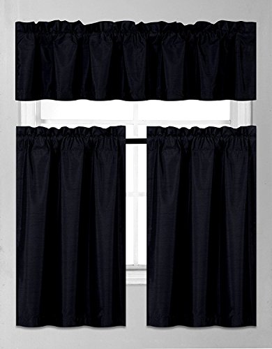 Elegant Home Collection 3 Piece Solid Color Faux Silk Blackout Kitchen Window Curtain Set with Tiers and Valance Solid Color Lined Thermal Blackout Drape Window Treatment Set #K3 (Black)