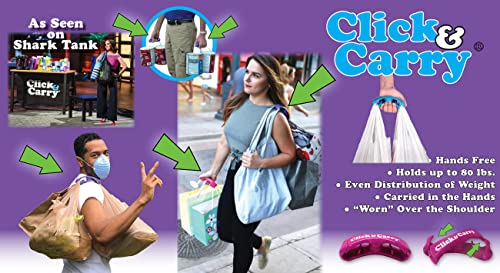 Click & Carry Grocery Bag Carrier, 1 Pack, Fuchsia - As seen on Shark Tank, Soft Cushion Grip, Hands Free Grocery Bag Carrier, Plastic Bag Holder, Haul Sports Gear, Click and Carry with Ease