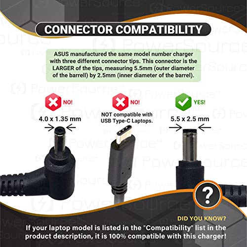 PowerSource 45W 33W UL Listed 7Ft Long Wall Plug AC-Adapter-Charger for Asus X555 X555L X551 X551M X555Y W15-045N2A X551MA X551MAV X551C X505 X505B X751 X751M X751N X756 X756U Laptop Power-Supply