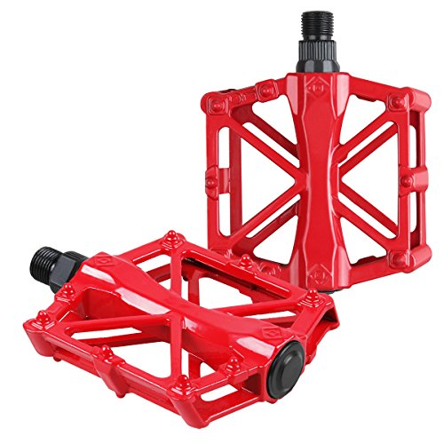 Bike Pedals Mountain Bike Pedals Aluminum CNC Bearing Bicycle Pedals, Road Bike Pedals with 16 Anti-Skid Pins Lightweight Platform Pedals for BMX/MTB Bike 9/16" Spindle Red