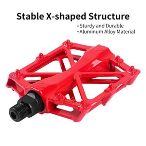 Bike Pedals Mountain Bike Pedals Aluminum CNC Bearing Bicycle Pedals, Road Bike Pedals with 16 Anti-Skid Pins Lightweight Platform Pedals for BMX/MTB Bike 9/16" Spindle Red