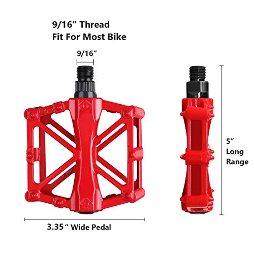 Bike Pedals Mountain Bike Pedals Aluminum CNC Bearing Bicycle Pedals, Road Bike Pedals with 16 Anti-Skid Pins Lightweight Platform Pedals for BMX/MTB Bike 9/16" Spindle Red