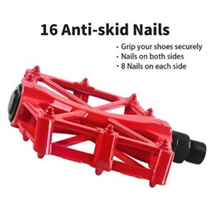 Bike Pedals Mountain Bike Pedals Aluminum CNC Bearing Bicycle Pedals, Road Bike Pedals with 16 Anti-Skid Pins Lightweight Platform Pedals for BMX/MTB Bike 9/16" Spindle Red