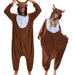 NEWCOSPLAY Unisex Adult Coffee Reindeer Onesie Plush One Piece Pajamas Christmas Costume(Small, Coffee Reindeer)