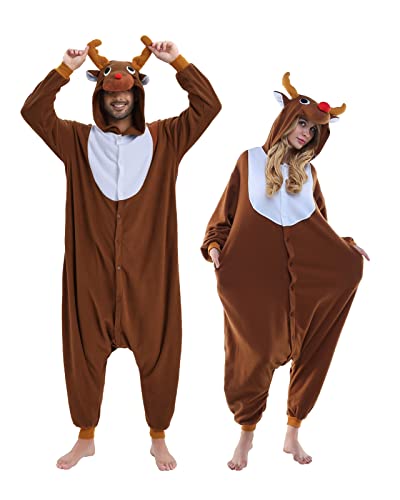 NEWCOSPLAY Unisex Adult Coffee Reindeer Onesie Plush One Piece Pajamas Christmas Costume(Small, Coffee Reindeer)