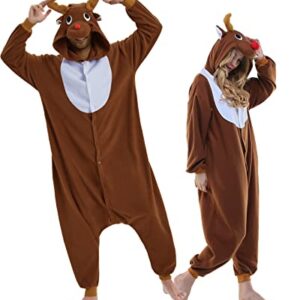 NEWCOSPLAY Unisex Adult Coffee Reindeer Onesie Plush One Piece Pajamas Christmas Costume(Small, Coffee Reindeer)