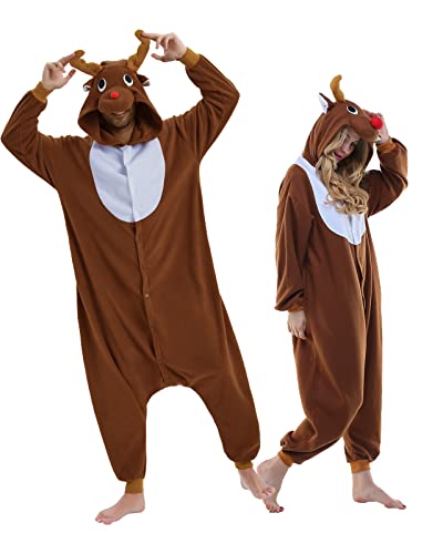 NEWCOSPLAY Unisex Adult Coffee Reindeer Onesie Plush One Piece Pajamas Christmas Costume(Small, Coffee Reindeer)