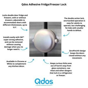 Qdos Adhesive Fridge/Freezer Lock - Easy One Handed Operation - Patented ZeroPinch Design - Unique Modern Design Refrigerator Lock, Chrome, Pack of 1