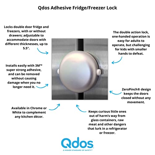 Qdos Adhesive Fridge/Freezer Lock - Easy One Handed Operation - Patented ZeroPinch Design - Unique Modern Design Refrigerator Lock, Chrome, Pack of 1