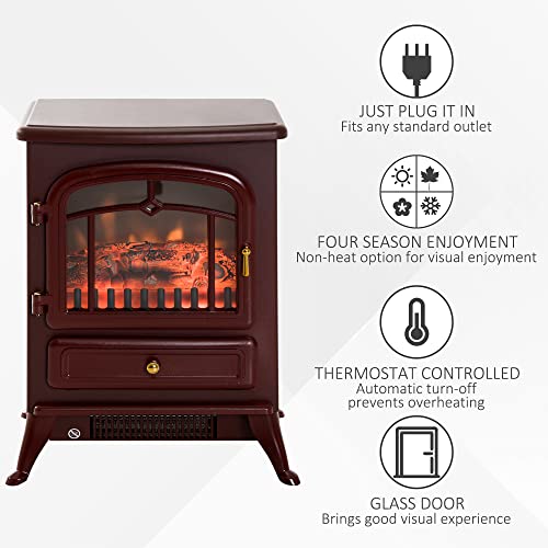 HOMCOM 22" Electric Fireplace Heater, Fireplace Stove with Realistic LED Flames and Logs, and Overheating Protection, 750W/1500W, Red