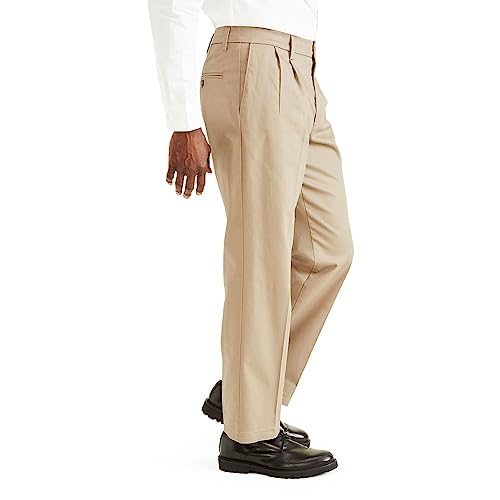 Dockers Men's Classic Fit Signature Khaki Lux Cotton Stretch Pants-Pleated (Regular and Big & Tall), Timberwolf, 36W x 32L