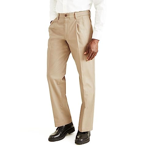 Dockers Men's Classic Fit Signature Khaki Lux Cotton Stretch Pants-Pleated (Regular and Big & Tall), Timberwolf, 36W x 32L