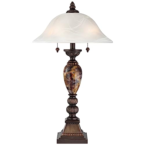 kathy ireland Mulholland Traditional Vintage Table Lamps 27" Tall Set of 2 Aged Bronze Faux Marble White Alabaster Glass Dome Shade for Living Room Bedroom House Bedside Nightstand Office