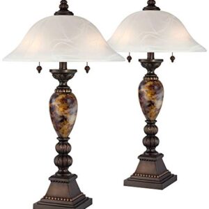 kathy ireland Mulholland Traditional Vintage Table Lamps 27" Tall Set of 2 Aged Bronze Faux Marble White Alabaster Glass Dome Shade for Living Room Bedroom House Bedside Nightstand Office