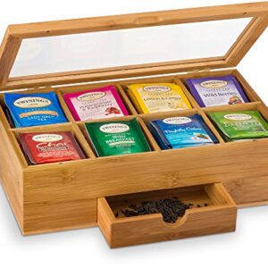 Bambüsi Bamboo Tea Box Organizer - Premium Wood Tea Chest with Slide-Out Drawer & Acrylic Window, Magnet Lid Keeps Teabag Fresh - Countertop & Cabinet Organization (Teabags Not Included) | Gift Idea