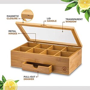 Bambüsi Bamboo Tea Box Organizer - Premium Wood Tea Chest with Slide-Out Drawer & Acrylic Window, Magnet Lid Keeps Teabag Fresh - Countertop & Cabinet Organization (Teabags Not Included) | Gift Idea