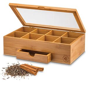 Bambüsi Bamboo Tea Box Organizer - Premium Wood Tea Chest with Slide-Out Drawer & Acrylic Window, Magnet Lid Keeps Teabag Fresh - Countertop & Cabinet Organization (Teabags Not Included) | Gift Idea