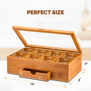 Bambüsi Bamboo Tea Box Organizer - Premium Wood Tea Chest with Slide-Out Drawer & Acrylic Window, Magnet Lid Keeps Teabag Fresh - Countertop & Cabinet Organization (Teabags Not Included) | Gift Idea