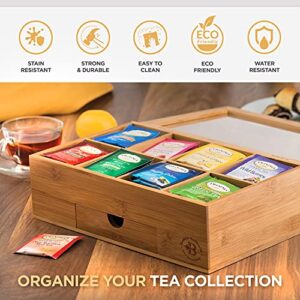 Bambüsi Bamboo Tea Box Organizer - Premium Wood Tea Chest with Slide-Out Drawer & Acrylic Window, Magnet Lid Keeps Teabag Fresh - Countertop & Cabinet Organization (Teabags Not Included) | Gift Idea