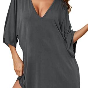 Ekouaer Deep V Neck Sleepshirt Sexy Cotton Nightshirt For Women, Gray, Large