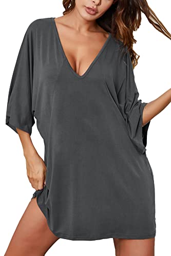 Ekouaer Deep V Neck Sleepshirt Sexy Cotton Nightshirt For Women, Gray, Large