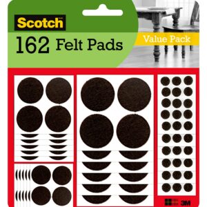 Scotch Felt Pads, Felt Furniture Pads for Protecting Hardwood Floors, Assorted Sizes Value Pack, Round, Brown, 162 Pads