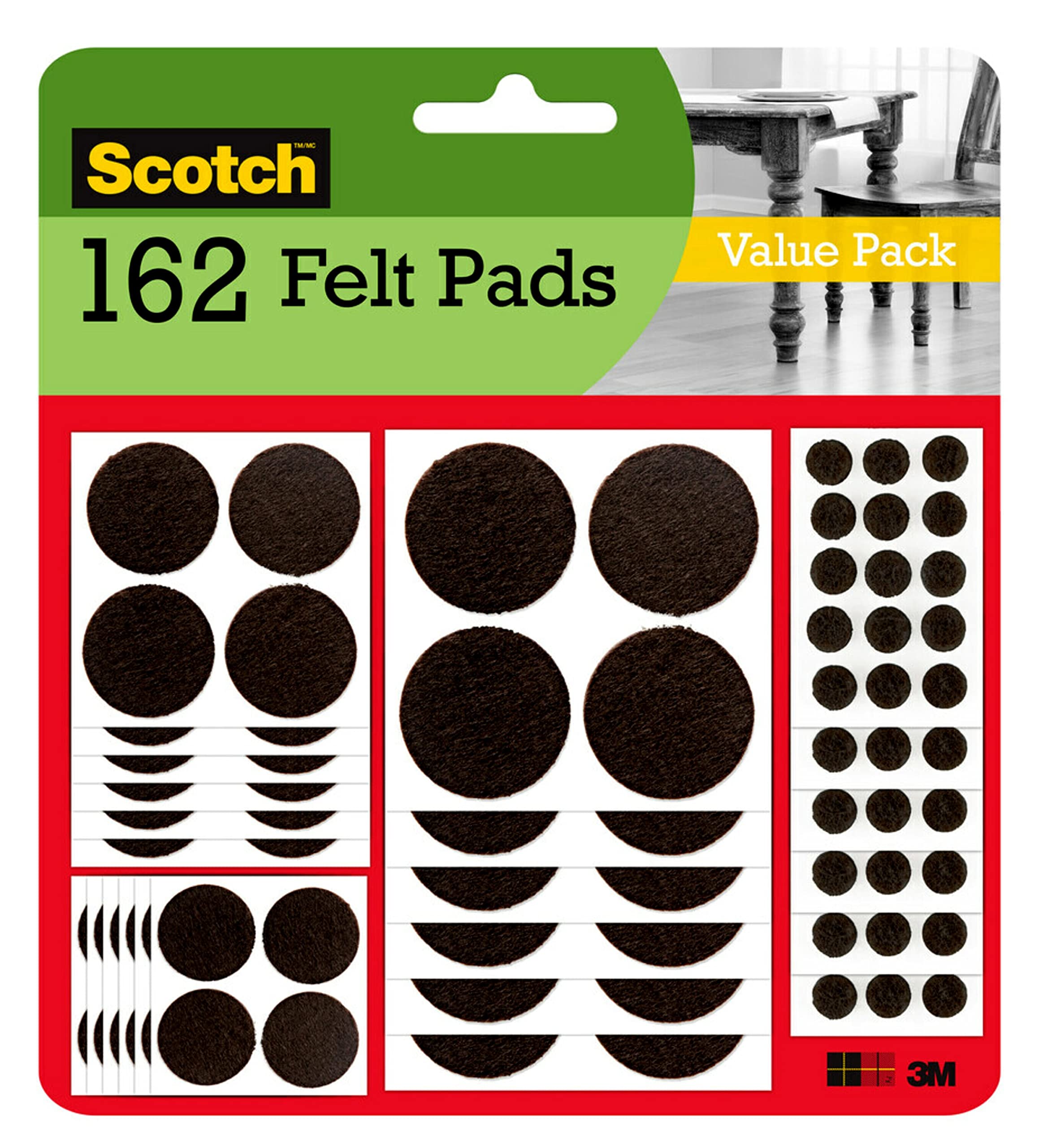 Scotch Felt Pads, Felt Furniture Pads for Protecting Hardwood Floors, Assorted Sizes Value Pack, Round, Brown, 162 Pads