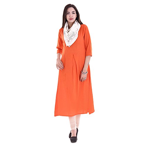 Indian Women's Plain With Scarf Rayon Kurti Orange Top By Chichi, Small