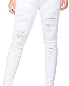 BodiLove Women's Stretchy 5 Pocket Destroyed White Skinny Jeans Back to School Junior Clothing Apparel White 9