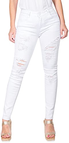 BodiLove Women's Stretchy 5 Pocket Destroyed White Skinny Jeans Back to School Junior Clothing Apparel White 9