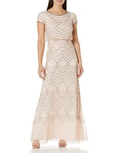 adrianna papell women's short sleeve blouson beaded gown, blush/gold, 6