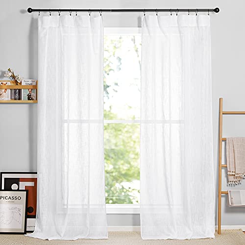 RYB HOME Semi Sheer Curtains Window Treatments for Living Room Bedroom Sliding Door, White, W 52 x L 95, 2 Panels