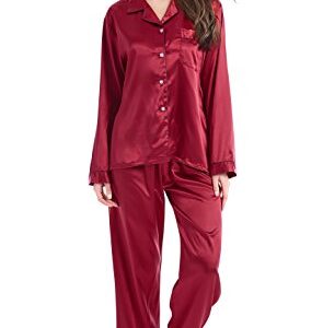 Tony & Candice Women's Classic Satin Pajama Set Sleepwear Loungewear (Large, Burgundy with Black Piping)