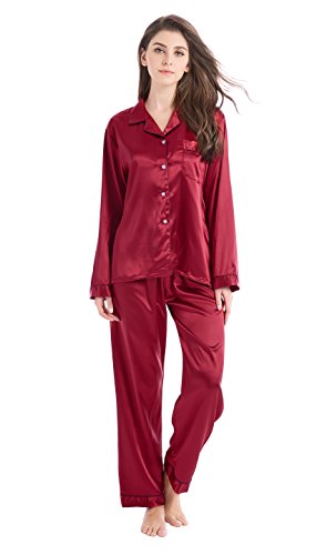 Tony & Candice Women's Classic Satin Pajama Set Sleepwear Loungewear (Large, Burgundy with Black Piping)