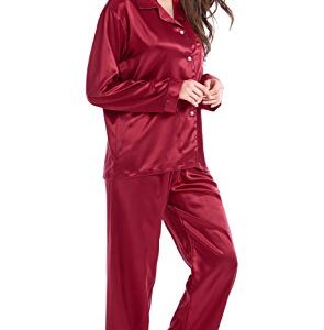 Tony & Candice Women's Classic Satin Pajama Set Sleepwear Loungewear (Large, Burgundy with Black Piping)