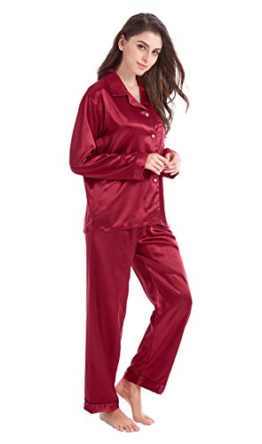 Tony & Candice Women's Classic Satin Pajama Set Sleepwear Loungewear (Large, Burgundy with Black Piping)