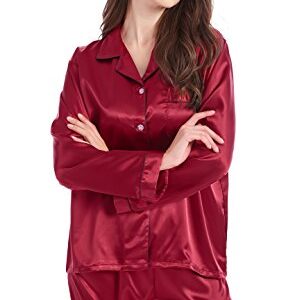 Tony & Candice Women's Classic Satin Pajama Set Sleepwear Loungewear (Large, Burgundy with Black Piping)