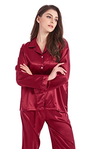 Tony & Candice Women's Classic Satin Pajama Set Sleepwear Loungewear (Large, Burgundy with Black Piping)