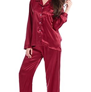 Tony & Candice Women's Classic Satin Pajama Set Sleepwear Loungewear (Large, Burgundy with Black Piping)