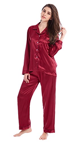 Tony & Candice Women's Classic Satin Pajama Set Sleepwear Loungewear (Large, Burgundy with Black Piping)