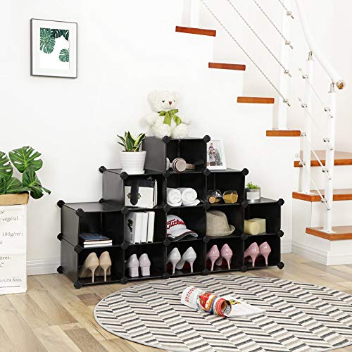 SONGMICS Shoe Rack, Space-Saving 15-Slot Plastic Storage Organizer Unit, Modular Cabinet, Ideal for Entryway Hallway Closet Garage, 44.5 x 14.2 x 34.6 Inches, Black ULPC44H