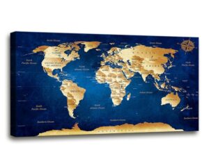 wall art blue map of the world painting ready to hang -20" x 40" pieces large framed wall art world map canvas art map wall decorations artwork prints for background for home office decoration.