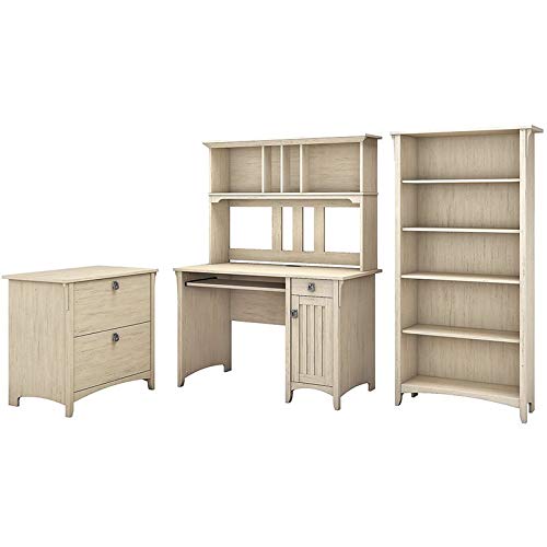 Bush Furniture Salinas Mission Desk with Hutch, Lateral File Cabinet and 5 Shelf Bookcase, Antique White