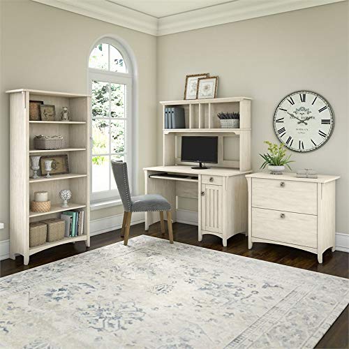 Bush Furniture Salinas Mission Desk with Hutch, Lateral File Cabinet and 5 Shelf Bookcase, Antique White