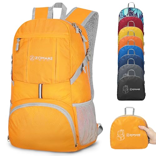 ZOMAKE Lightweight Packable Backpack 35L - Light Foldable Backpacks Water Resistant Collapsible Hiking Backpack - Compact Folding Day Pack for Travel Camping(Yellow)