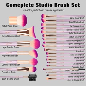 JAF 26pcs Professional Pink Makeup Brushes Set with Case Vegan Synthetic Brushes Set in Zipper Bag Holder Cosmetic Big Makeup Tools Kit for Face Contour Highlighter