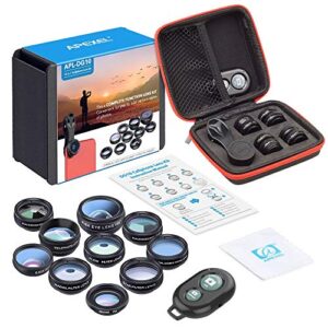 Apexel Phone Camera Lens-Macro Lens+Wide Lens+Fisheye Lens+Telephoto Lens+CPL/Flow/Radial/Star Filter+Kaleidoscope 3/6 Lens 10 in 1 Lens Kit +Remote Shutter for iPhone, Samsung,LG and Most Smartphones