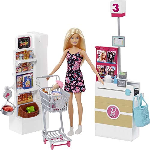 Barbie Doll & Playset, Supermarket with 25 Grocery Store-Themed Accessories Including Food, Check-Out Counter & Shelves