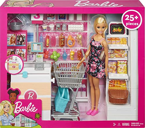 Barbie Doll & Playset, Supermarket with 25 Grocery Store-Themed Accessories Including Food, Check-Out Counter & Shelves